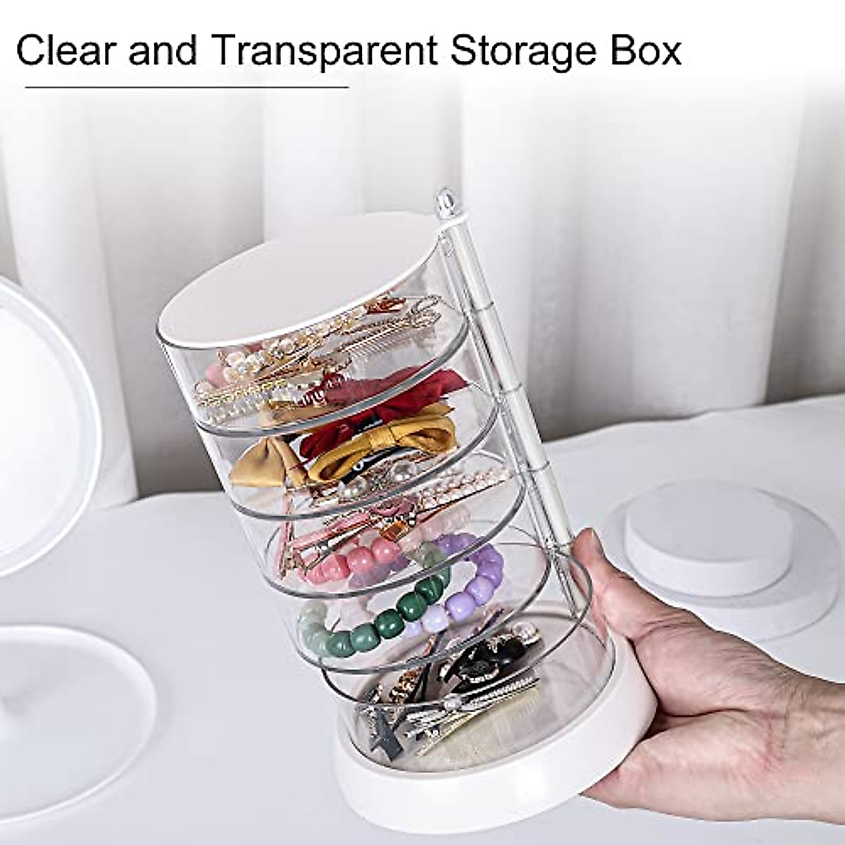 DancesCat 360° Rotating Hair Accessories Organizer, Bathroom Container for Headband, Bows, Hair Tie, Hair Tools, Scrunchie, Cotton Swab Organization, Clear 5-Layer Acrylic Scrunchie Holder for Girls