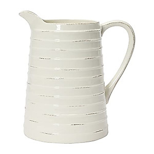 Creative Co-Op Farmhouse Embossed Stripe Ceramic Pitcher, Distressed White