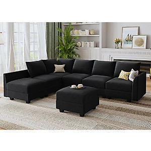 HONBAY Modular Sectional Sofa with Storage Ottoman Velvet Modular Couch with Reversible Chaise L Shape Sectional Couches for Living Room,Black