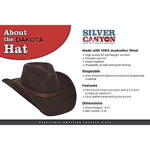 Men's Outback Wool Cowboy Hat Dakota Brown Shapeable Western Felt by Silver Canyon, Brown, Medium