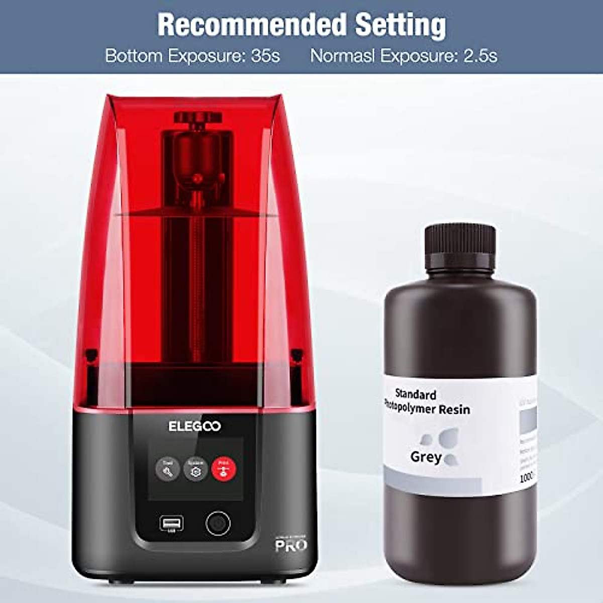 ELEGOO 3D Printer Resin 405nm LCD Fast UV Curing Standard Resin Photopolymer Resin High Precision Non Toxic Low Odor for DLP/LCD 3D Printing Grey 1000G