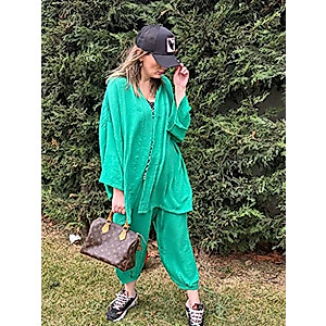 H&L Moda Women's Linen 2 Piece Outfits - Cropped Tank Top and Loose Fit Drawstring Pants Set (Green, L-XL)