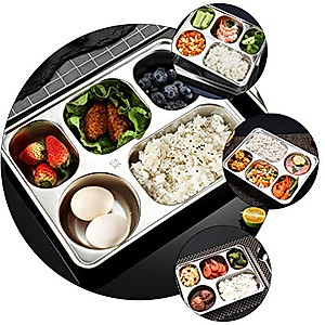 DOITOOL Stainless Steel Divided Plate for Adults or Kids, Rectangular 5 Sections Divided Tray for Serving Food (with Lids)