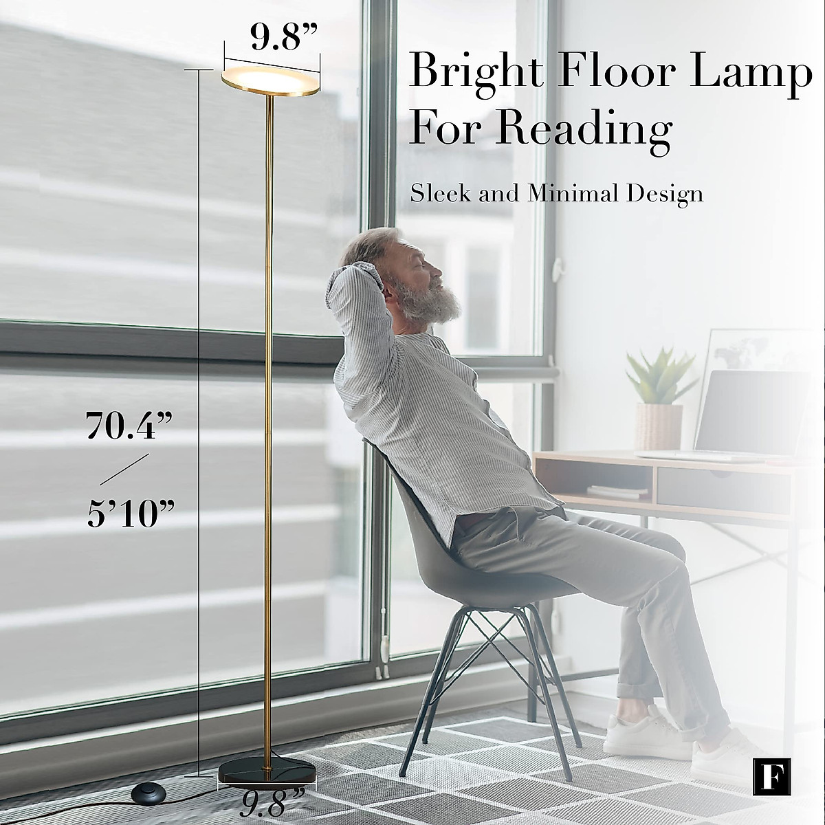 FENLO 70" Torchiere Floor Lamps for Living Rooms, Dimmable LED Bright Floor Lamp for Bedrooms, Tall Standing Lamps LED Floor Lights, Indirect Lighting Bright Lamps for Dark Rooms - Antique Brass