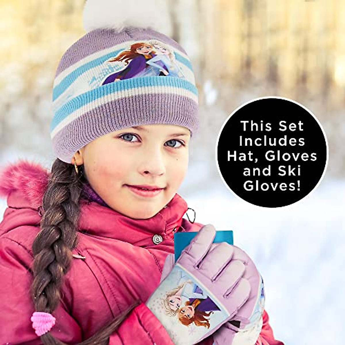 Disney Girls Winter Hat with Knit Mittens Set and Insulated Ski Ages 2-4 or Frozen Knit Gloves and Glove Set, Age 4-7