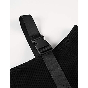 xxxiticat Women's Chic Fashion Off Shoulder Long Sleeve Cold Shoulder Knitted Zipper Up Tshirts Crop Tops Camis(T-BL,M) T-Black