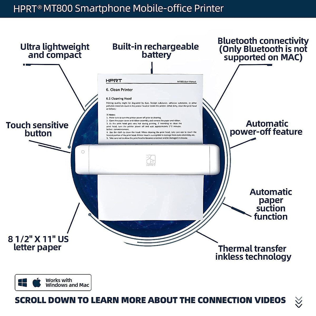 HPRT Thermal Printer MT800Q Portable Mini Printer, Wireless Printer for iPhone and Computer, The Best Small Printer Support 216mm Width A4 Paper, Home Use, Office, Travel and Mobile Printer
