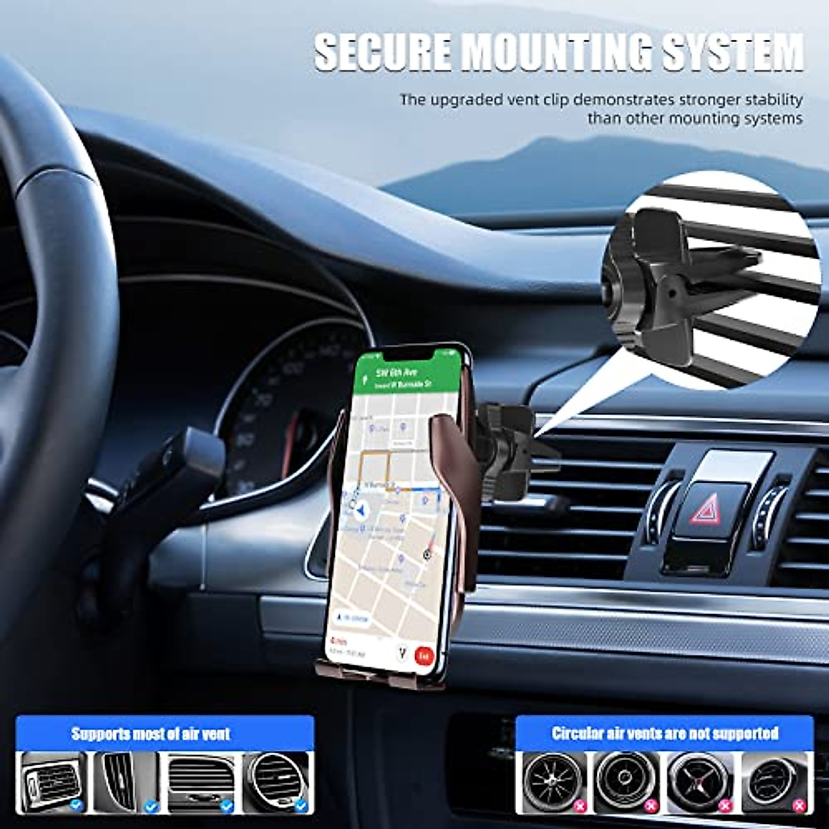 GTIMLMC Wireless Car Charger Vent Mount Qi 15W Fast Charging 360° Rotating Auto Clamping Phone Holder Suitable for iPhone 13/12/11/ Pro/Max/X/XS/XR/8/8P Samsung S22/S21 +/S20/S10/S9/S8/Note 20/10/9/8