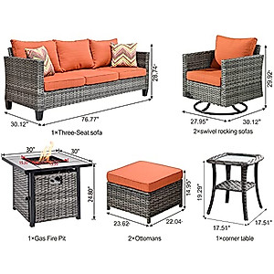 ovios Patio Furniture Set 7 PCS Outdoor Wicker Rattan Sofa Set with 360 Degree Swivel Rocking Chairs 30 Inch Gas Fire Pit Table Garden Backyard Porch (Orange Red-Grey)