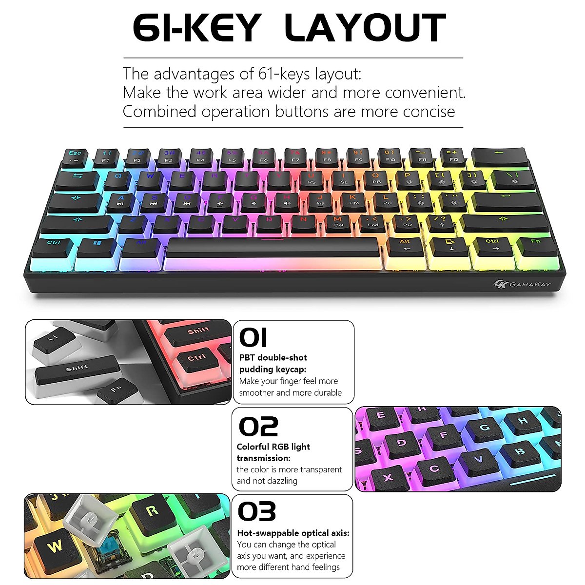 GK GAMAKAY MK61 RGB Pudding Keyboard, 61 Keys Gateron Optical Switch PBT Pudding Keycaps, Hot Swap Backlit Ultra-Compact Wired Gaming Keyboard for Windows Mac PC Gamers (Yellow Switch V2, Black)