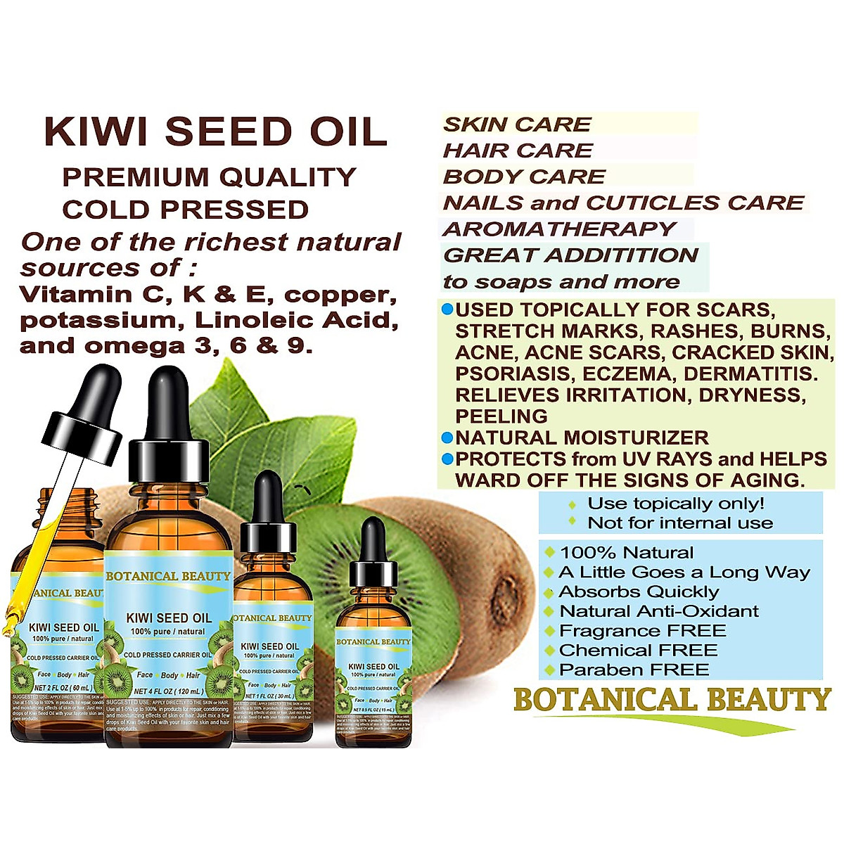 Botanical Beauty KIWI SEED OIL. 100% Pure Natural Undiluted Virgin Cold Pressed Carrier Oil. 0.5 Fl.oz.- 15 ml for Face, Skin, Body, Hair, Nail Care