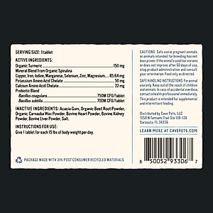Cave Pets, Super Chomp Tablets, Dog Probiotic Supplement for Digestive Health and Microbiome Support, Multi-Glandular & Turmeric, 60 Tablets