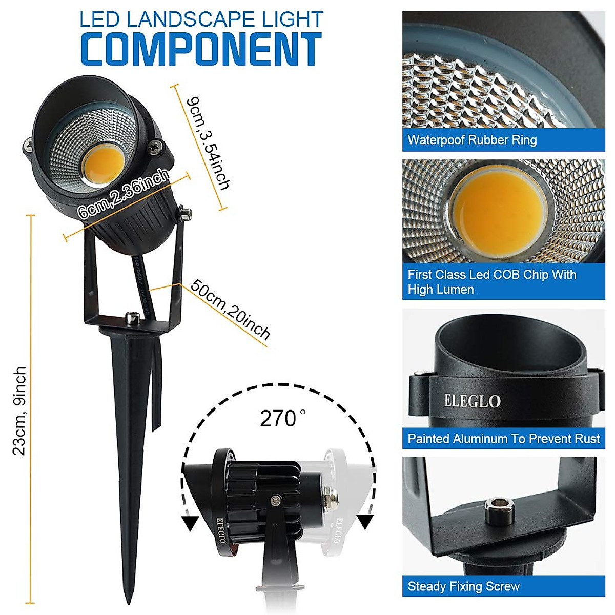 ELEGLO 5W Low Voltage LED Landscape Lights,12V/24V AC/DC Landscape Lighting,Outdoor Lawn Tree Flag Spotlights with Spike Stand,IP65 Waterproof Garden Pathway Lights (8 Pack Warm White with Connector)