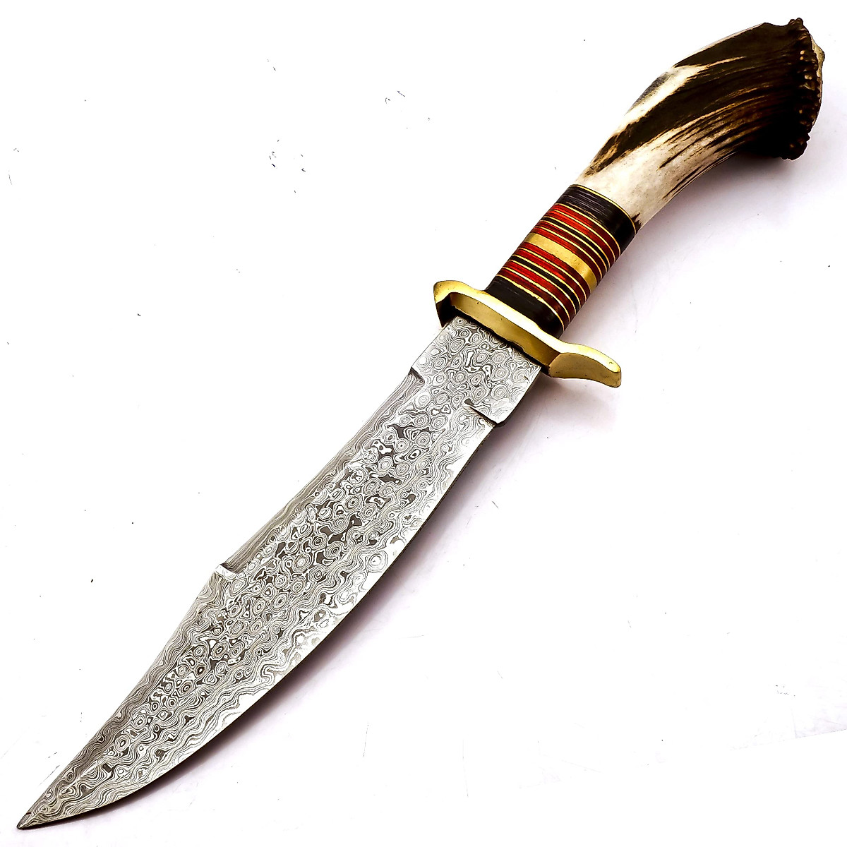 Skokie Knives Custom Hand Made Damascus Steel Hunting Knife Handle Stag Antler With Brass Spacer