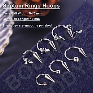BodyAce 16G Spike Septum Rings Horseshoe Nose Rings, Stainless Steel Daith Helix Tragus Cartilage Earrings Hoop, Rook Lobe Lip Piercing for Women Men (Hoops:10mm)