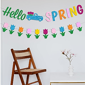 JKQ Glitter Hello Spring Banner with Tulip Truck Signs and Colorful Glittery Tulips Banner Hello Spring Tulips Flowers Garland Banner Spring Easter Birthday Party Fireplace Mantle Decorations