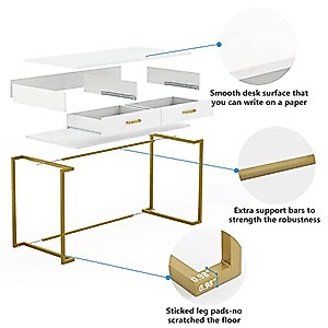 Tribesigns White and Gold Desk with 2 Drawers, White Writing Desk, 40 Inches Computer Desk, Simple and Modern Desk
