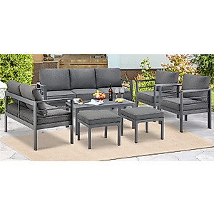 AECOJOY Aluminum Modern Patio Furniture with Coffee Table, 7 Pieces Outdoor Conversation Set with Dark Grey Cushions for Balcony, Porch, Lawn and More
