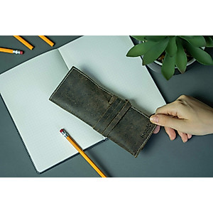 KomalC Genuine Leather Pen Case & Pencil Holder – Artisan Leather Stationery Roll/Foldable Pouch for Artists