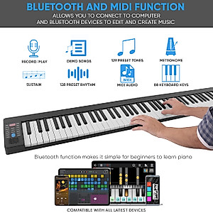 Pyle Electric Keyboard Piano 88 Keys - Portable Foldable Digital Piano Keyboard With Bluetooth, 128 Rhythms/Tones,Semi weighted keys, Sustain Pedal, Piano Bag - for Beginners, Kids,Adult -PKBRD8100