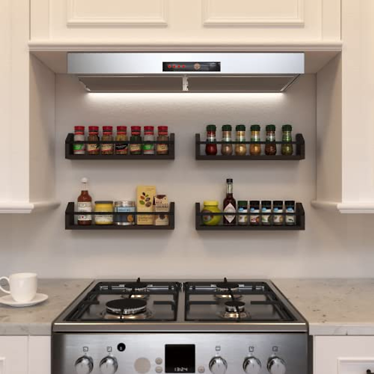 WOPITUES Floating Shelves with Protective Metal Rail, Small Bathroom Shelves Set of 4, Spice Rack Wall Mount, Wood Shelves for Kitchen, Living Room, Bedroom, Nursery Book- Dark Brown