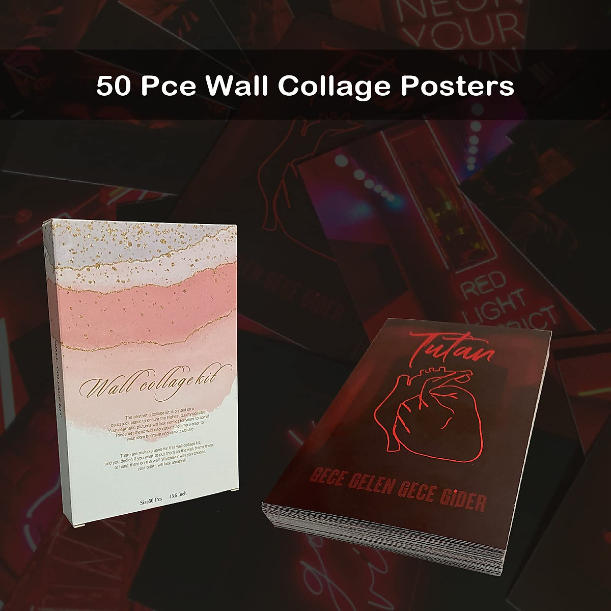 Yamiuza 50 Pack Wall Collage Kit,Colorful Aesthetic Photo Collages, 4"x 6" Postcards Sets Wall Photo Collage (Red Neon)