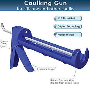 Clear Silicone Sealant + Caulk Gun + Caulking Tool Kit - All-Purpose 100% Silicone Caulk (10 oz Tube), with Dripless Gun, 3-in-1 Scraper/Smoothing Tool, Caulk Removal Tool.