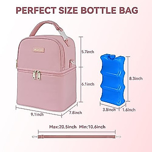 Mancro Breastmilk Cooler Bag with Ice Pack, Insulated Baby Bottle Bag Fits 6 Baby Bottles Up to 9 Ounce, Double Layer Bottle Bag for Daycare, Breast Milk Cooler Travel Bag for Nursing Mom, Pink