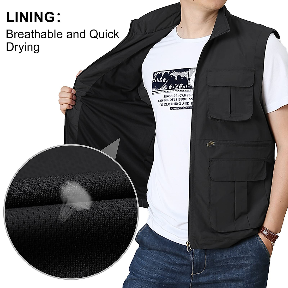 AIEOE Men's Summer Outdoor Golf Vest with Zipper, Breathable, Lightweight, Travel & Safari Vest, Casual Jacket with Pockets - Black