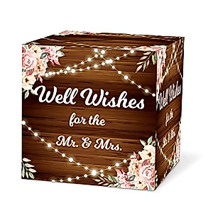 Wood Pattern Floral Card Box – 8”*8”*8” Gift Or Money Box Holder for Rustic Wedding,Baby or Bridal Shower,Birthday, Graduation,Engagement, Party Favor, Decorations, 1 Set(hezi-A008)
