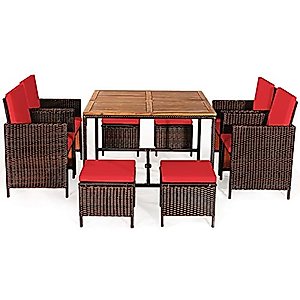 HAPPYGRILL 9PCS Patio Dining Set Outdoor Dining Furniture Set with Cushioned Seating, Space-Saving Dining Table with Acacia Wood Tabletop Wicker Chair and Ottoman Sets for Backyard Garden Poolside