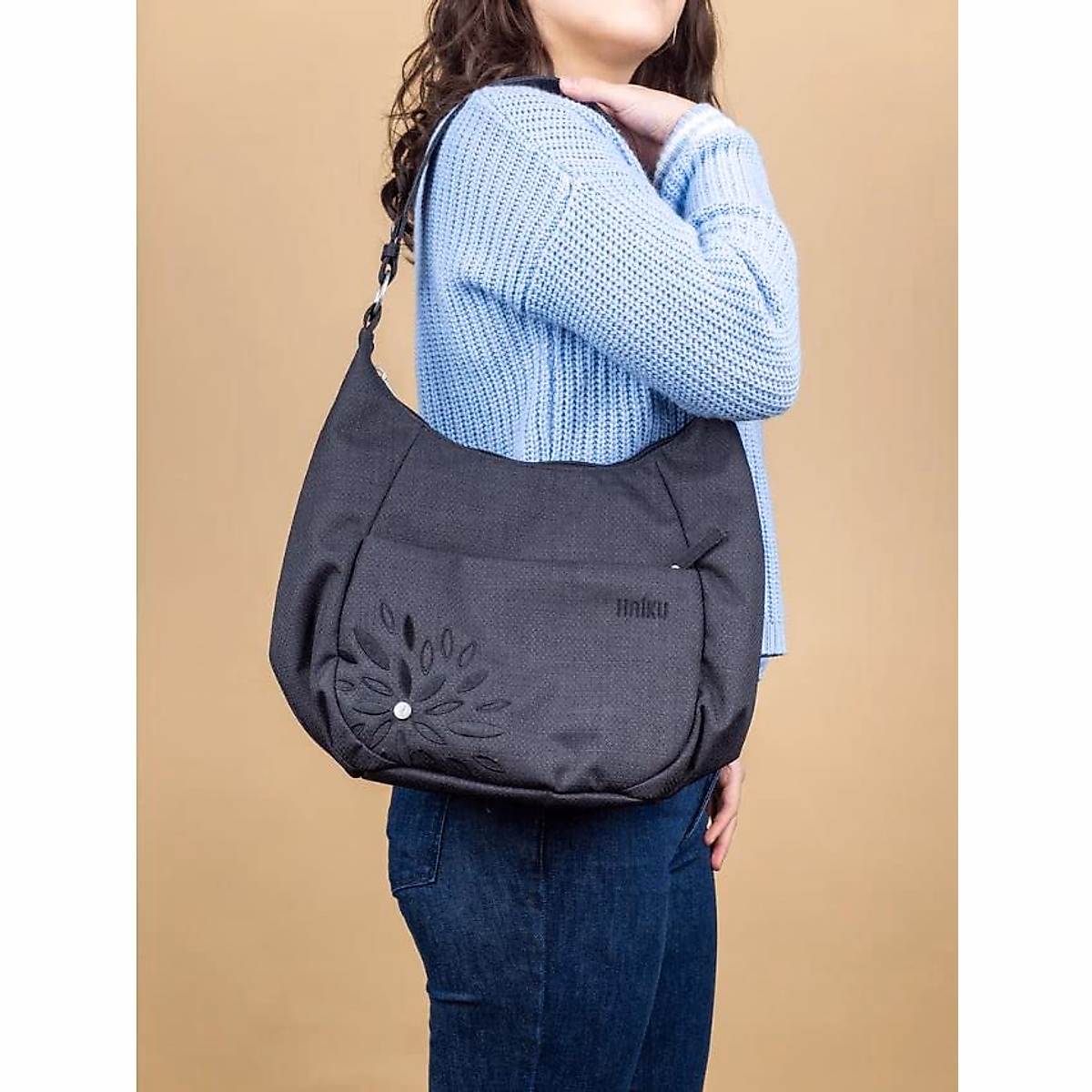 HAIKU Amble Hobo Bag with Removable Shoulder Strap and Adjustable Crossbody Strap, Black in Bloom