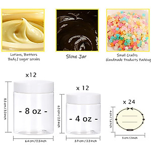 TUZAZO 24 Pack Empty Plastic Slime Containers with Lids and Labels - 12pcs 8 OZ and 12pcs 4 OZ Small Plastic Jars for Lotion, Cream, Ointments, Makeup, Glitters, Samples, Travel Storage