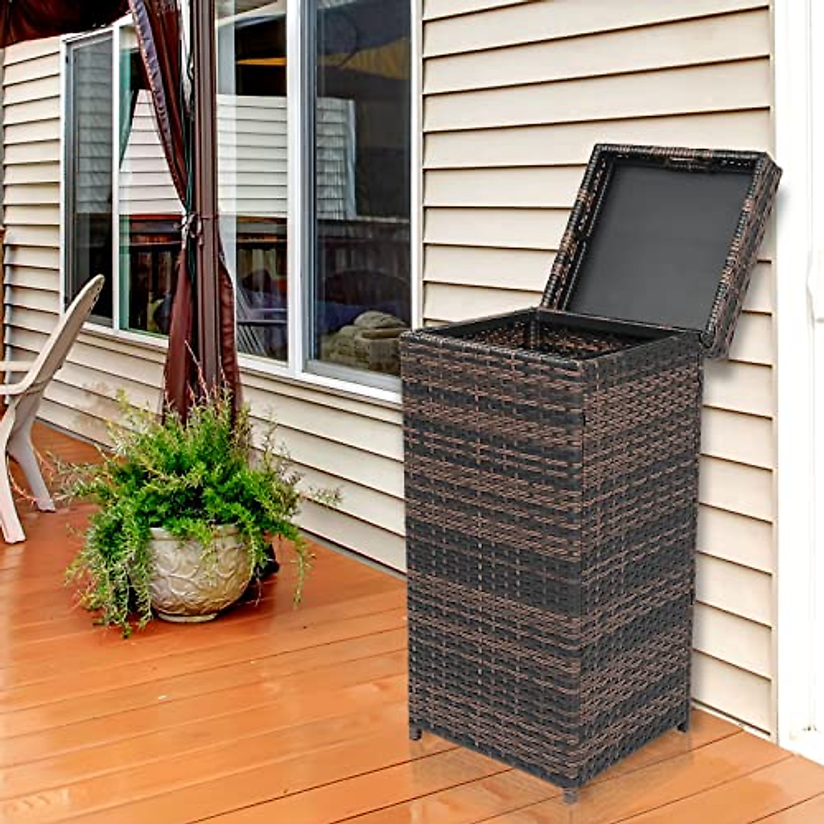 HomVent 24-Gallon Outdoor Trash Can Tall Rattan Garbage Can Trash Bin with Lid for Backyard.Patio.Deck and Outdoor Kitchen Use (Brown)