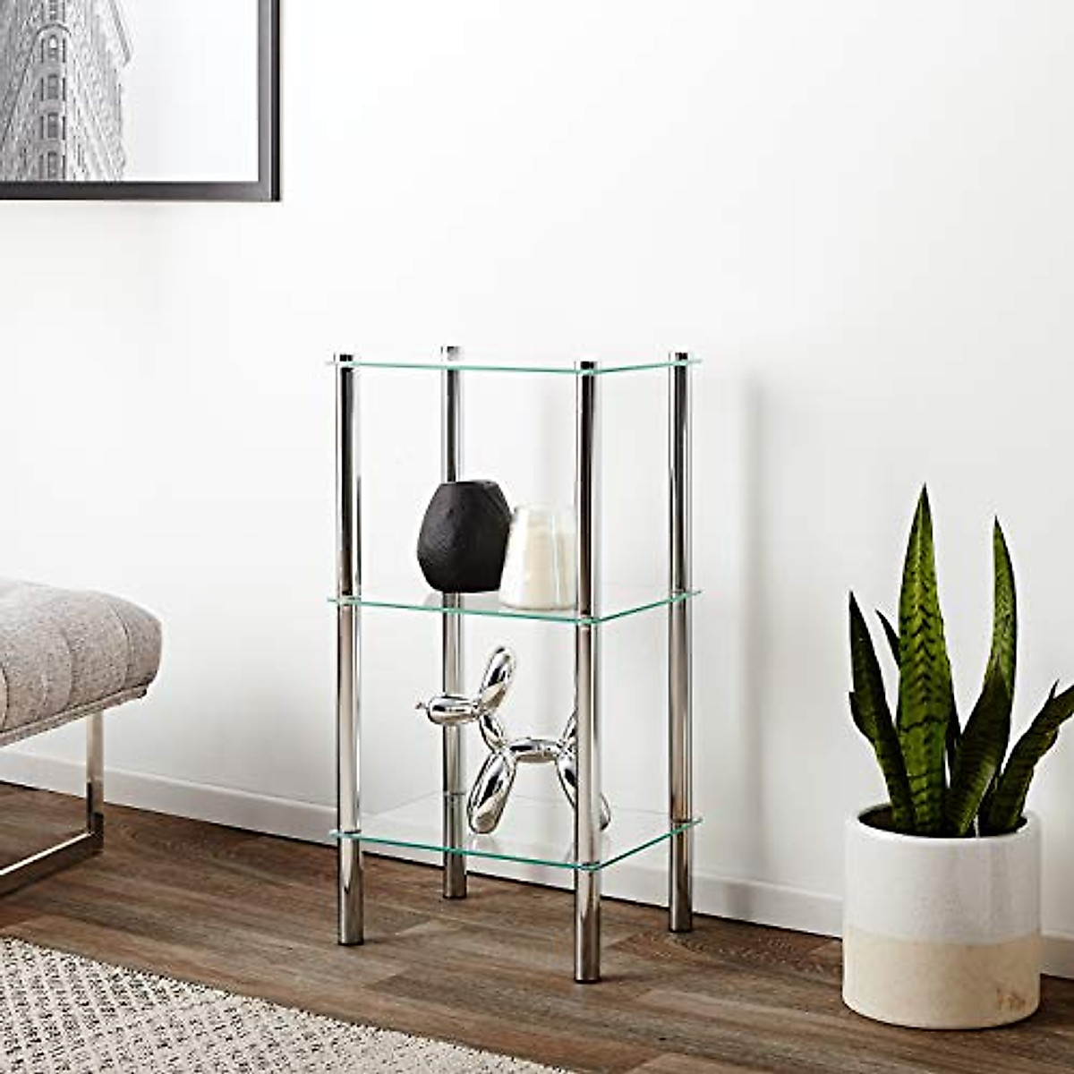 Home Basics 3-Tier Rectangle Shelf Shelving, SIlver Chrome and Glass