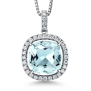 Gem Stone King 925 Sterling Silver 14MM Cushion Gemstone Birthstone and White Moissanite Pendant Necklace | Halo Necklace for Women | With 18 Inch Chain