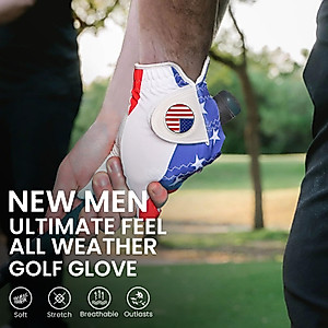 FINGER TEN Golf Gloves Men Left Hand Right Leather with Ball Marker USA Flag Pack, Mens Golf Glove All Weather Grip, Fit Size Small Medium ML Large XL (USA Flag, Large, Left)