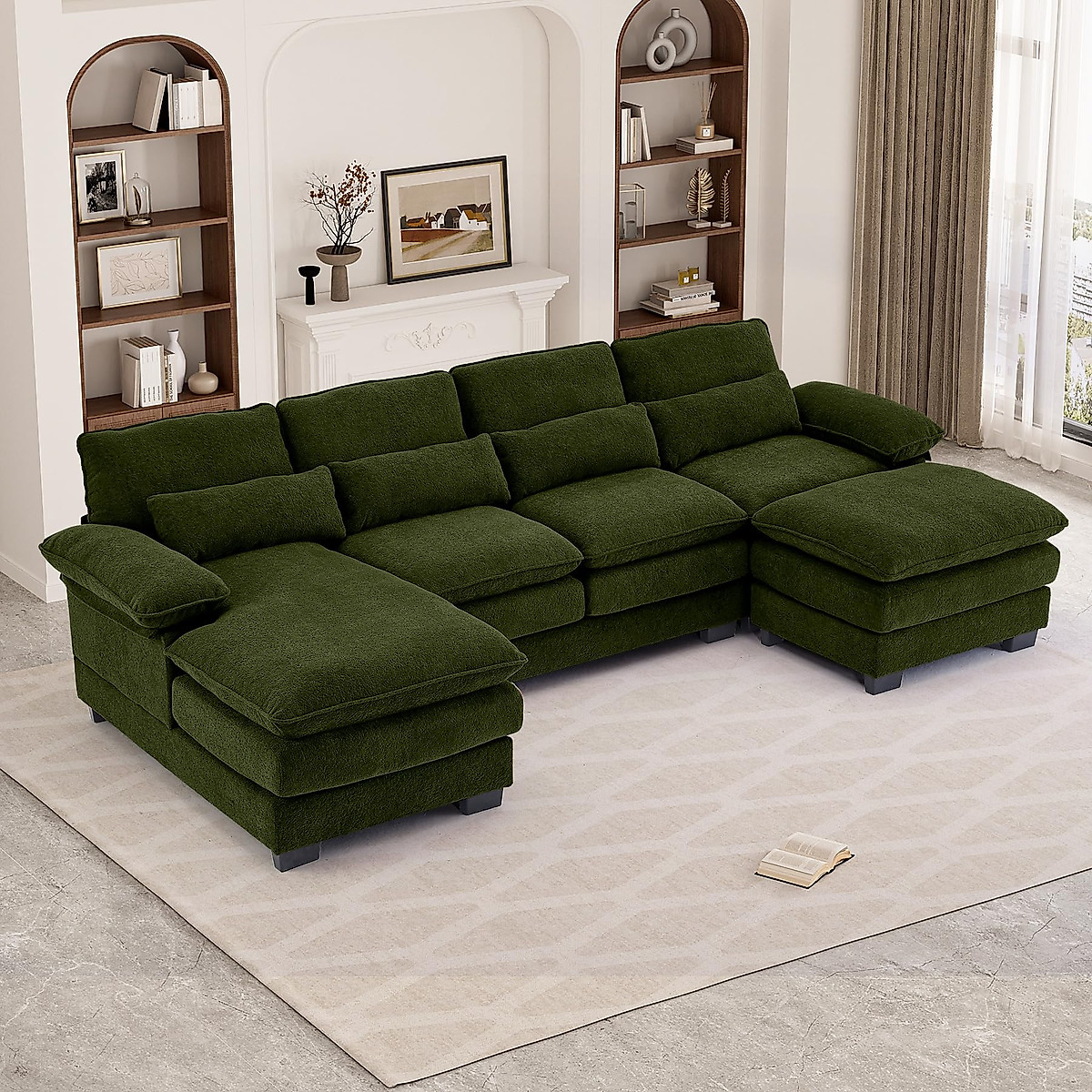 OUYESSIR U Shape Sectional Sofa Cloud Couch for Living Room, Modern Chenille Comfy Modular Sofa, 4 Seat Upholstery L-Shaped Sleeper Sofa with Chaise Lounge & Ottoman, 114" (Emerald Green