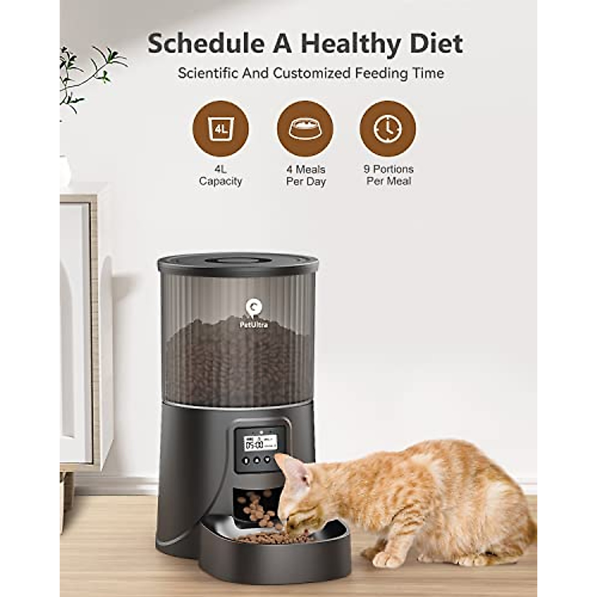 PETULTRA Automatic Cat Feeders, Timed Dog Feeder 4L Programmable Control 1-4 Meals Pet Dry Food Dispenser with Desiccant Bag for Cats and Small Medium Dogs, Dual Power Supply, 10s Voice Recorder
