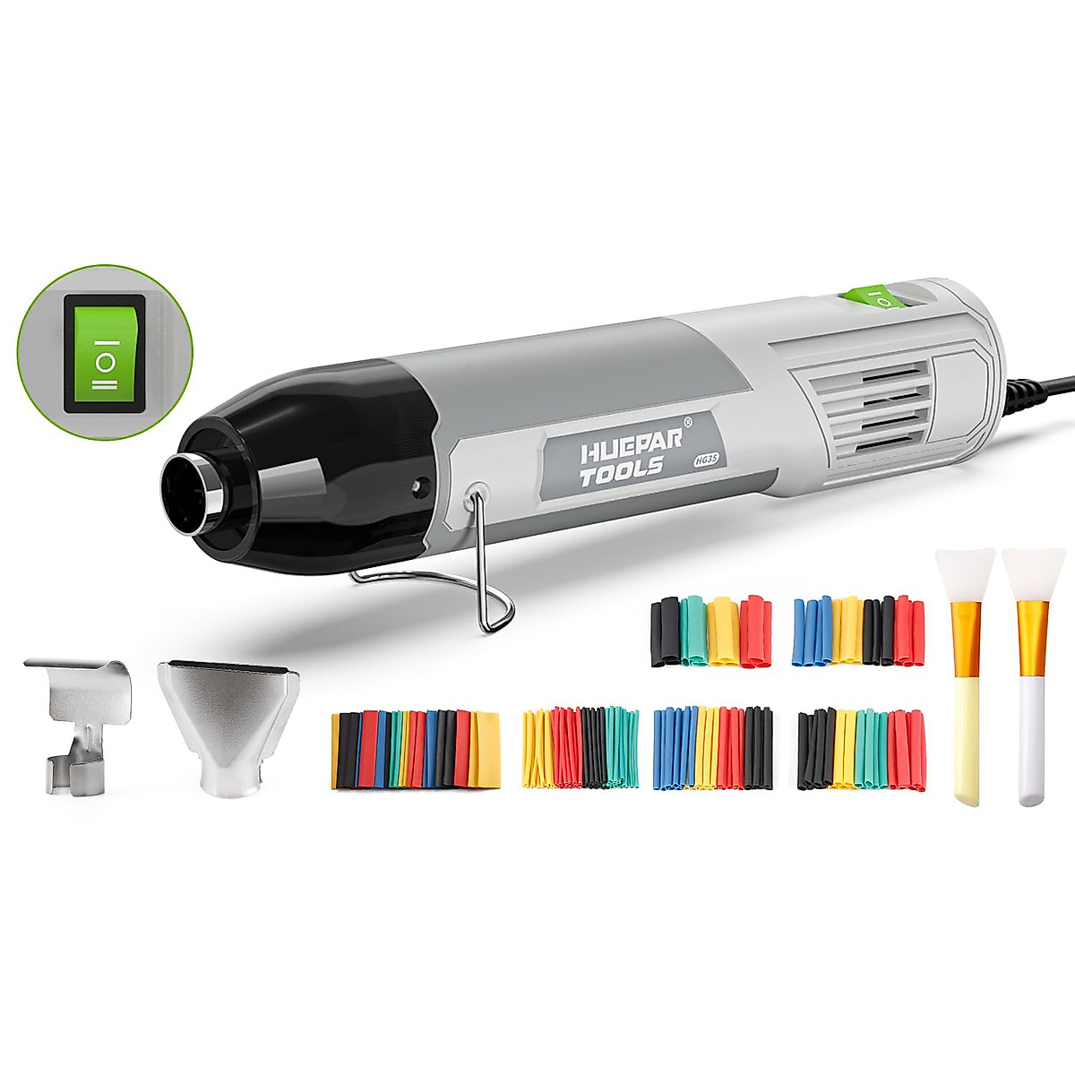 Mini Heat Gun for Christmas Gifts and Christmas Decorations, Huepar Tools 446°F/752°F Dual Temperature Heat Gun Tool, Includes 164PCS Heat Shrink Tubing, 2 Silicone Brushes and 2 Nozzles