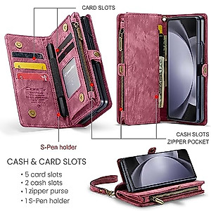 phone flip case Wallet Case Compatible with Samsung Galaxy Z Fold 5,2 in 1 Detachable Premium Leather Magnetic Zipper Pouch Wristlet Flip Phone Case,Matte Soft Leather+TPU Bottom Shell Case W Card Hol