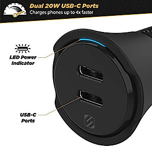 Scosche CPDCC40 PowerVolt 40-Watt Certified USB Type-C Fast Car Charger Power Delivery 3.0 for Standard USB-C Devices, Dual USB-C Charger
