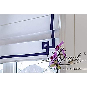 LOGANOVA Custom Flat Roman Shade with white background and navy blue Greek key border. Premium lining and chain mechanism.