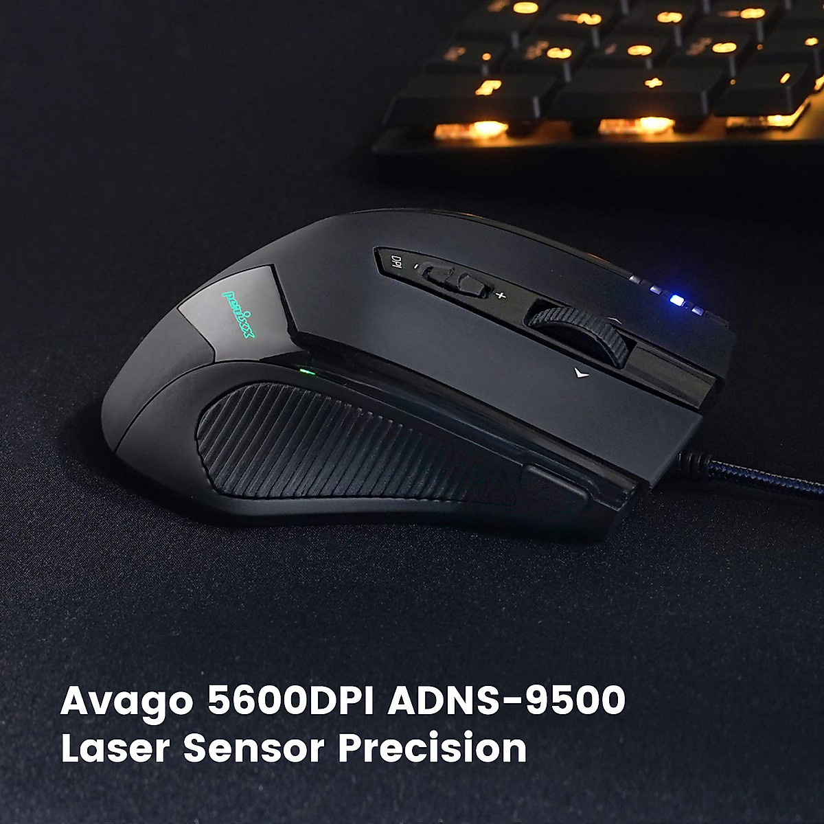 Perixx MX-2000B Programmable Laser Gaming Mouse with Adjustable Weight and RGB Backlight, Black