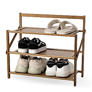 Small 3-Tier Shoe Rack for Closet & Entryway, Installation-Free Foldable Bamboo Shoes Storage Organizer, Sturdy Free Standing Three Shelf Shoe Stand for 6-9 Pairs, Brown 20x18x9 Inches