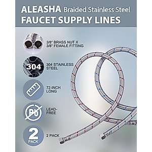 ALEASHA 72” Length Faucet Supply Lines,Flexible Faucet Hose Connector 3/8" to 3/8" Female Compression Thread Stainless Steel Braided Bathroom Kitchen Faucet Extension Water Supply Line,2Pcs