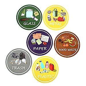 Set 6 Recycle Sticker for Trash Can Bins, Waterproof Anti-UV Strong Adhesive, Signs Decals Paper Glass Plastic Metal Trash Food Waste - Diam. 3.86"