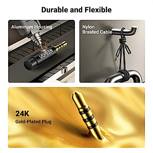UGREEN Headphone Extension Cable 4 Pole TRRS 3.5mm Extension with Microphone Male to Female Stereo Audio Cable Gold Plated Nylon Braided Compatible with iPhone iPad Smartphones Media Players, 6.6FT