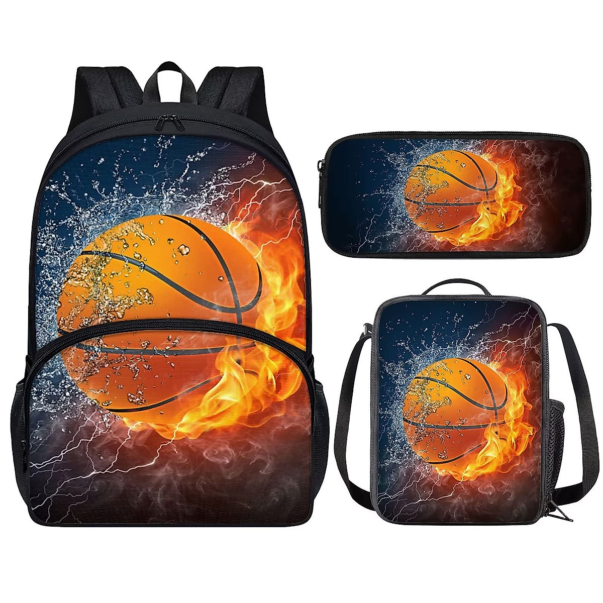 Showudesigns Basketball Backpack With Lunch Box for Boys School Bags 17 Inch Bookbag Primary School Supplies Kids Pencil Pouch Pen Box Lunchbag Packed With Bottle Pocket Stationery Bag Daypack