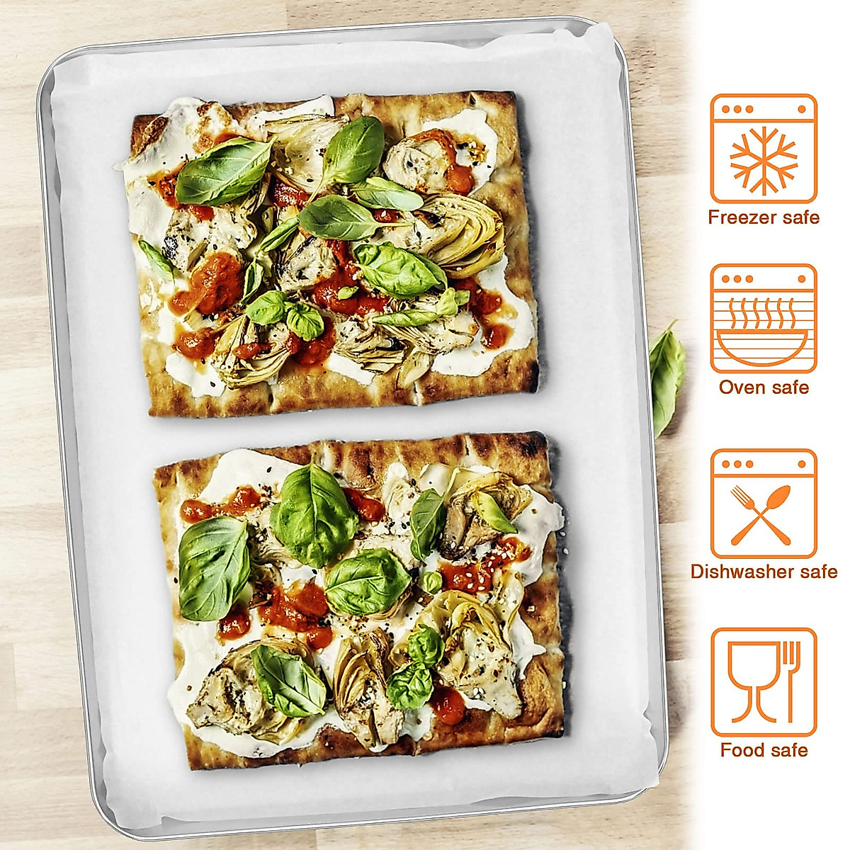 E-far Baking Cookie Sheet Set of 2, 16”x12” Stainless Steel Baking Sheet Pan with 50 Parchment Paper, Rectangle Baking Tray for Cooking Roasting, Rust Free & Heavy Duty, Oven & Dishwasher Safe